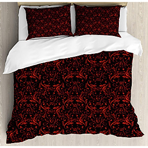 Ambesonne Victorian Duvet Cover Set, Vintage Curlicue Forms Swirls of Nostalgic Royal Design Image Print, Decorative 3 Piece Bedding Set with 2 Pillow Shams, Queen Size, Charcoal Ruby