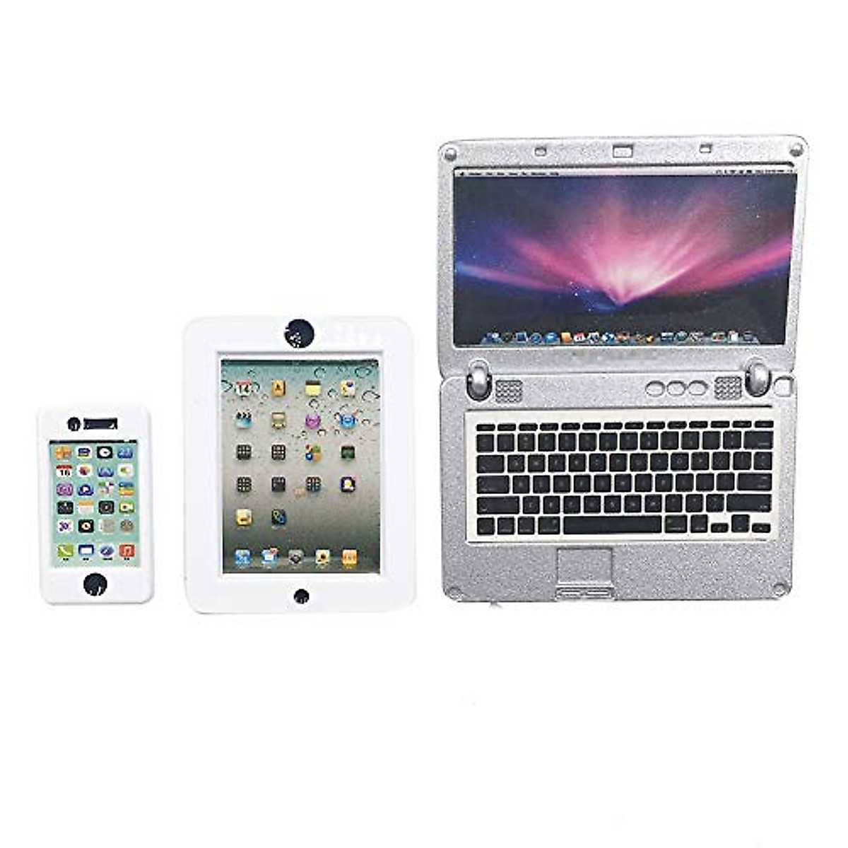 3 Pack Dollhouse Mini Laptop Tablet and Smart Phone Scene Computer Simulation Accessories for Doll 1/6 1/12 Miniatures Silver
