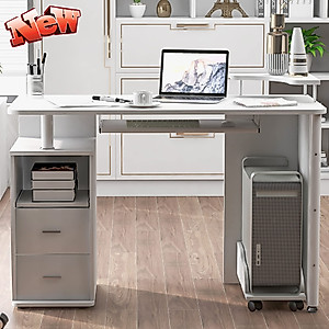 Tenouvos Best Computer Desk Writing Study Desk,Modern Style Home Office Desk,Laptop PC Table Workstation with 2 Drawers,CPU Pedestal,Shelf and Pull-Out Keyboard Tray,Quick Assembly (White)