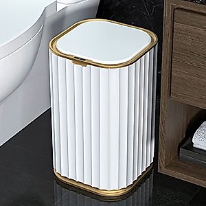 MOPALL 3.5 Gallon Automatic Trash Can,Waterproof Slim Touchless Bathroom Garbage Can with a Lid(White with Gold Trim)
