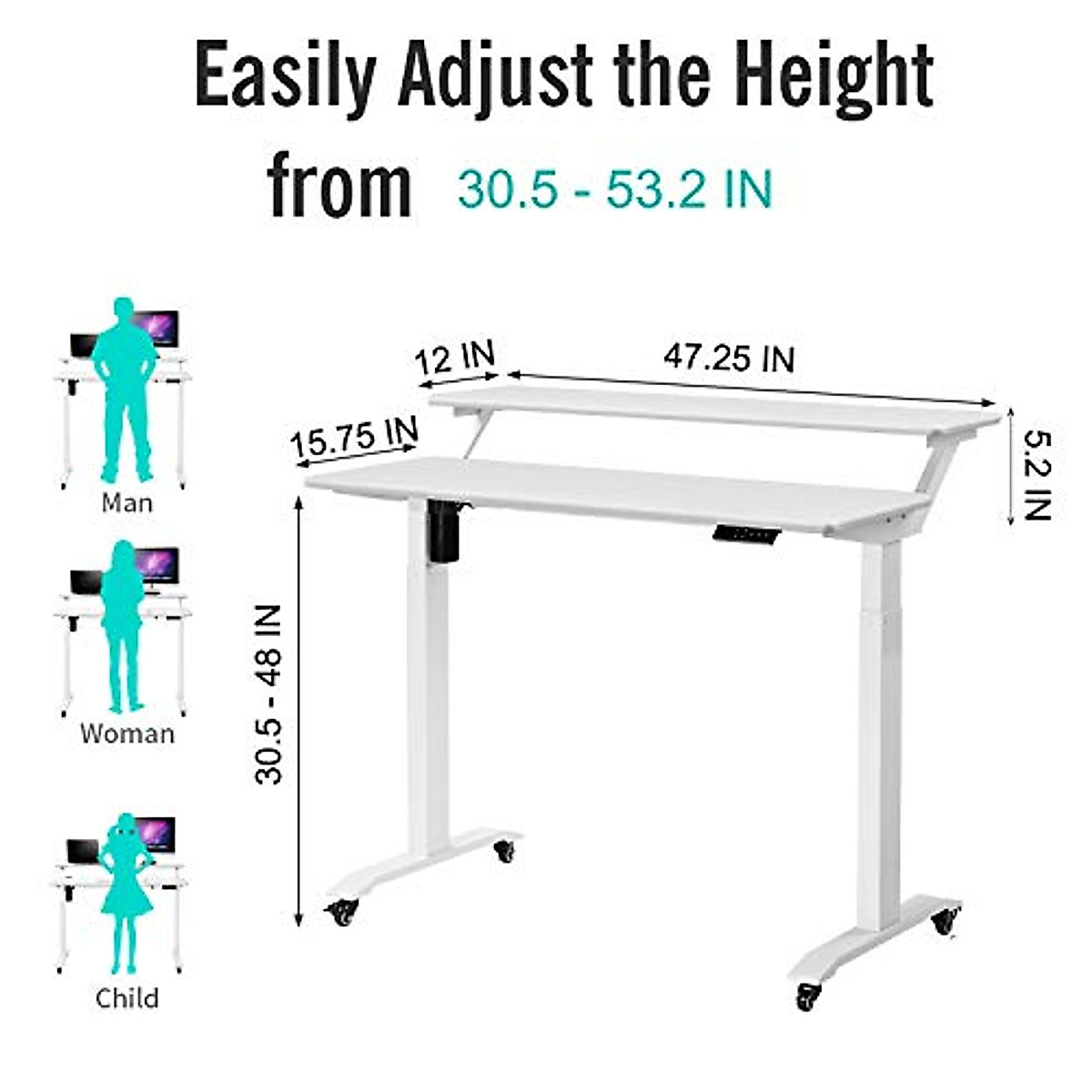 UNICOO - 2 Tier Electric Height Adjustable Standing Desk, Electric Standing Workstation Home Office Sit Stand Up Desk (White Top/White Leg - Electric- 2 Tier)