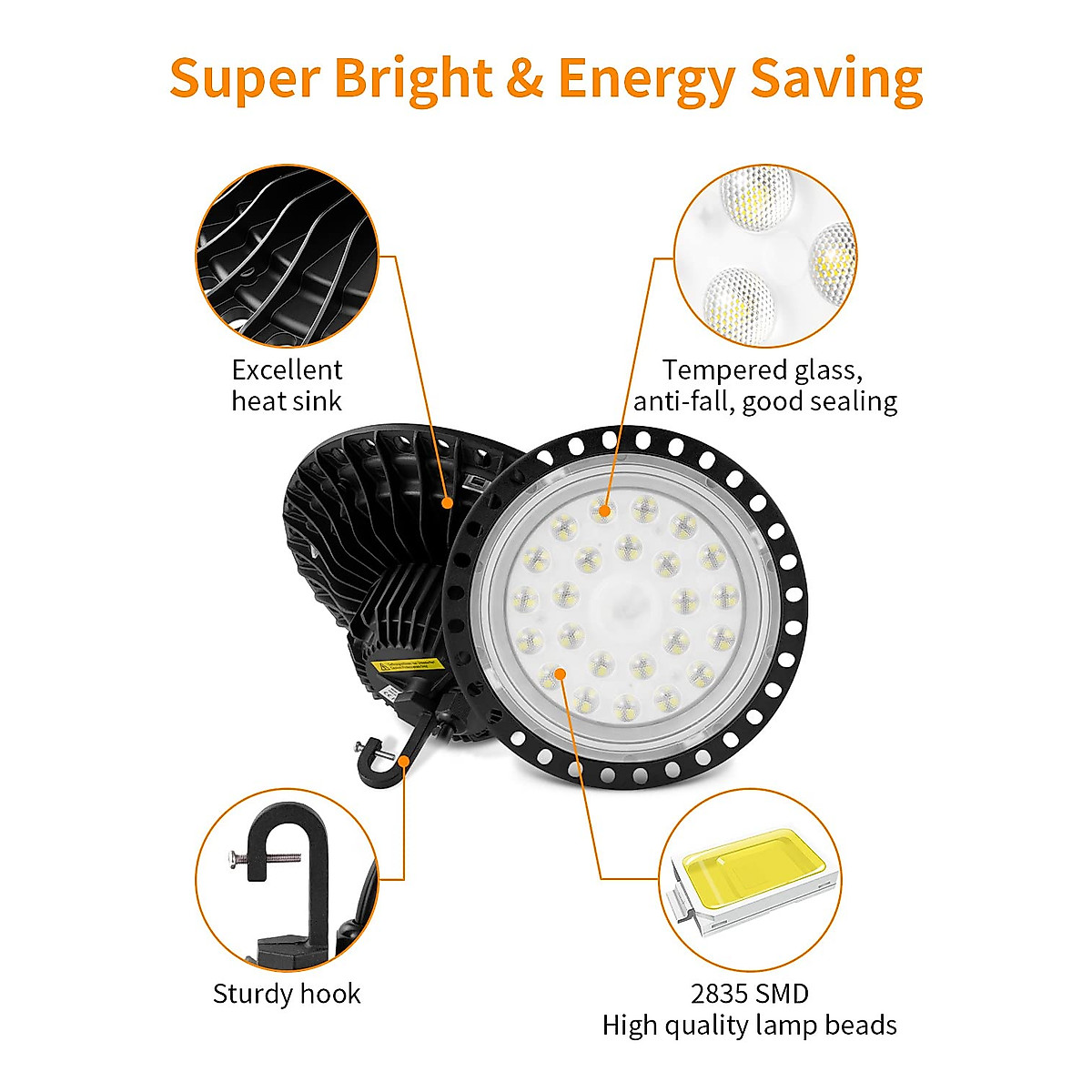 LED High Bay Light, 100W 12000LM UFO LED High Bay Lights with US Plug 5' Cable, Eqv.400W MH/HPS, 6500K Super Bright LED Shop Lights IP65 Area Light Fixture Bay Lighting for Garage Factory Workshop