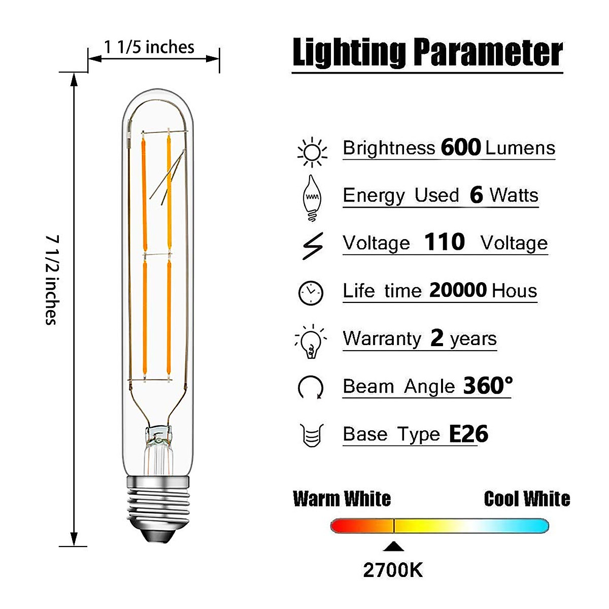 Gogailen ROUENOK Dimmable 6W Tubular LED Bulbs, T10 T30 LED Vintage Bulb 60 Watt Equivalent, Warm White 2700K, E26 Medium Base 600LM, 7.3 Inches Long Edison Style Filament Light Bulb, Pack of 4