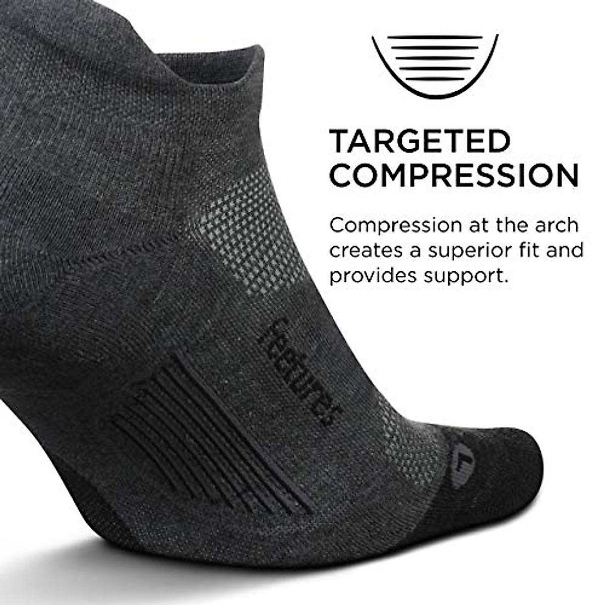 Feetures Elite Max Cushion No Show Tab Ankle Socks - Sport Sock with Targeted Compression - Grey, L (1 Pair)