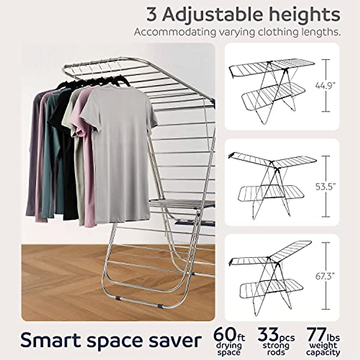 Foldable Premium Clothes Drying Rack, Large 2- Layer Stainless Steel Drying Rack for Sheets, Towels & Clothing Including 33 Hanging Rails, Height Adjustable and 32 Clips for Socks & Underwear - Blue
