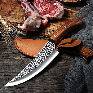 WXCOO 7-Inch Chef Knife Hand Forged Cleaver Knife High Carbon Stainless Steel, Boning knives Chef Butcher Knife with Sheath & Pocket Sharpener for Kitchen, Camping, Home, Outdoor, BBQ