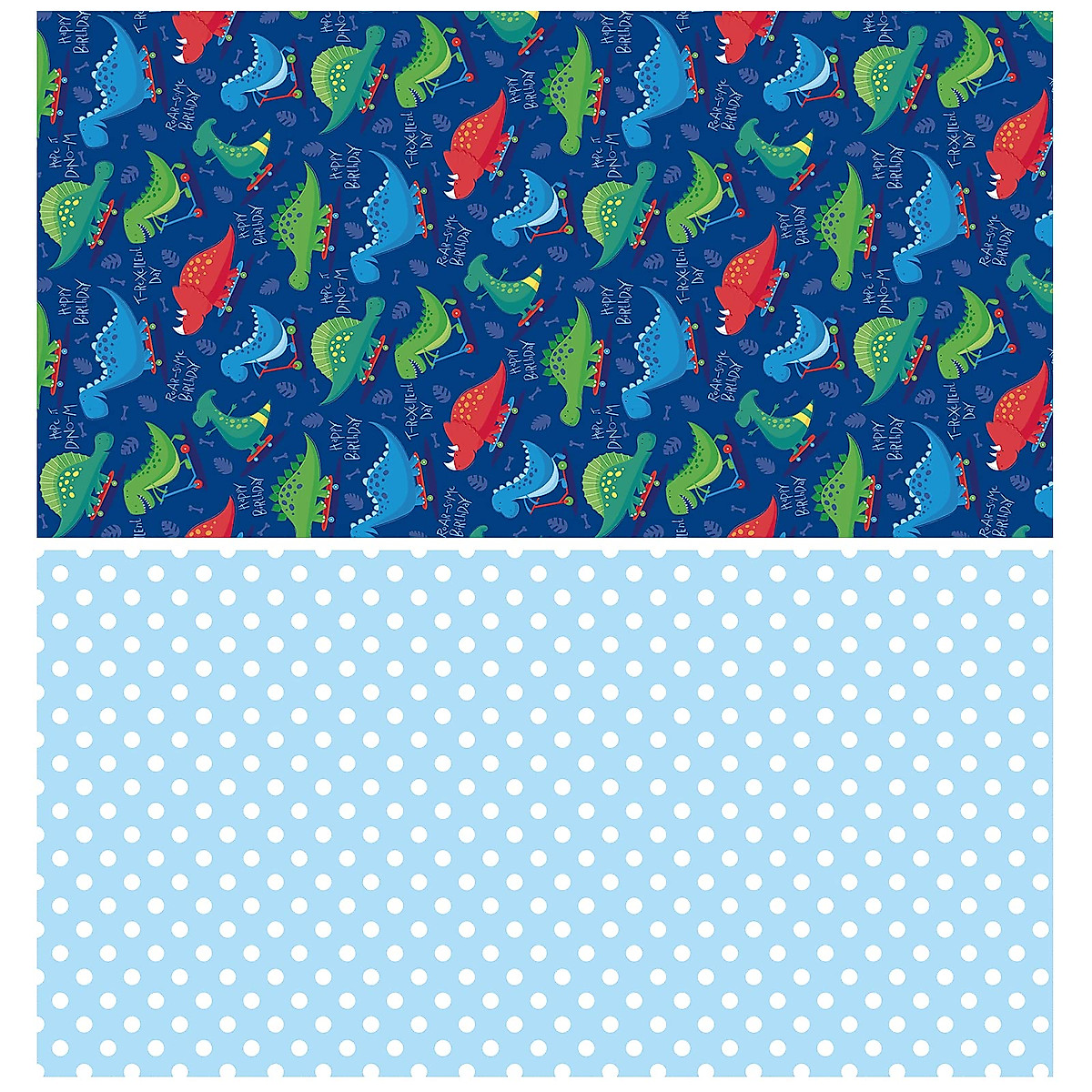 WRAPAHOLIC Reversible Wrapping Paper - Mini Roll - 17 Inch x 33 Feet - Dinosaur and Polka Dot Design for Kid's Birthday, Party, Baby Shower