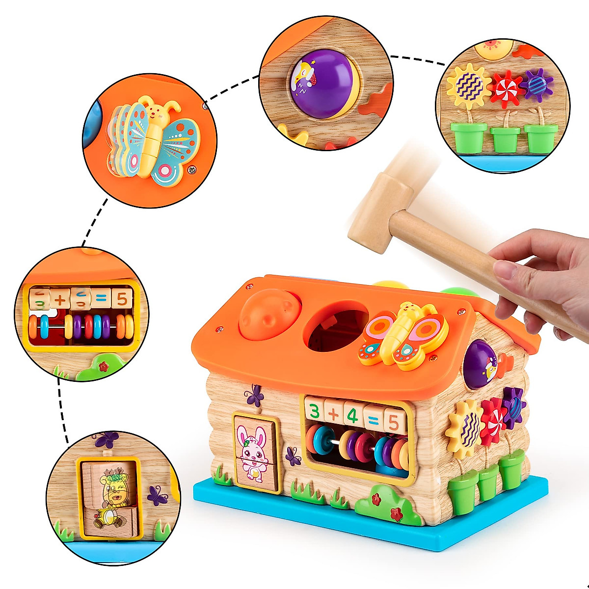 YUANLEBAO Hammering Pounding Toys Wooden House Educational Toy with Clock,Door Bell,Math,Music,Color Recognition.Birthday Gift for 3+ Years Boy Girl Baby Toddler Kids Developmental Montessori Toy