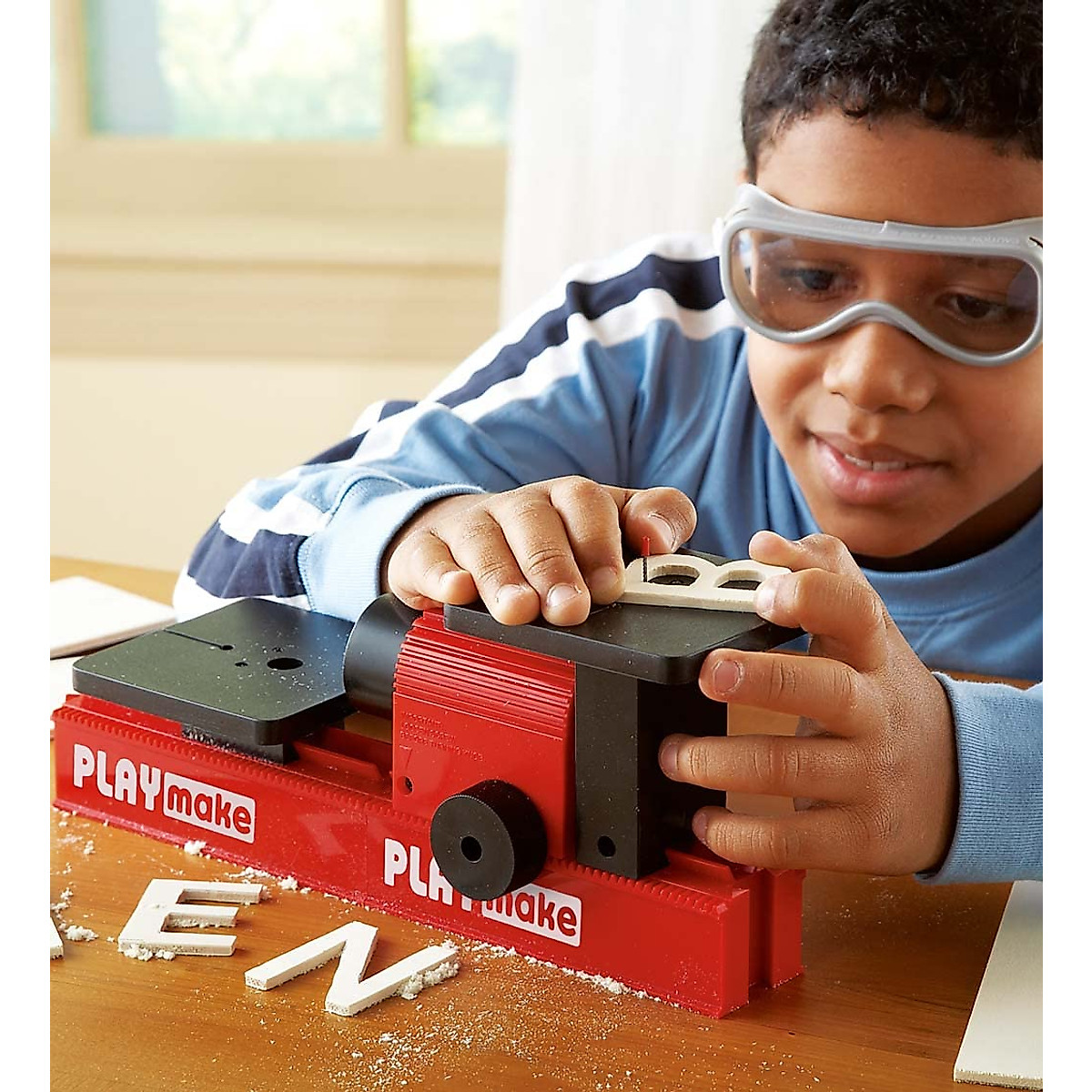 PLAYmake Kids’ 4-in-1 Woodshop Carpentry Cool Tool with Jigsaw, Lathe, Drill Press, Sander, Power Supply, Safety Goggles, Extra Supplies, and Deluxe Project Book