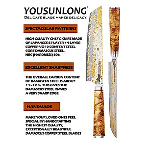 YOUSUNLONG Tanto Kitchen Knife - 8 Inch Japanese Handmade Chef Knife - Razor Sharp Copper Damascus Steel Blade - Cleaver Carving Knife - Naturel Burl Wooden Handle with Leather