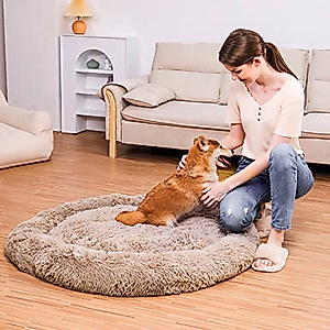 Bonteck Calming Dog Beds for Small Medium Large Dogs - Round Donut Machine Washable Dog Bed, Anti-Slip Faux Fur Fluffy Donut Cuddler Cat Bed, Multiple Sizes S-XL