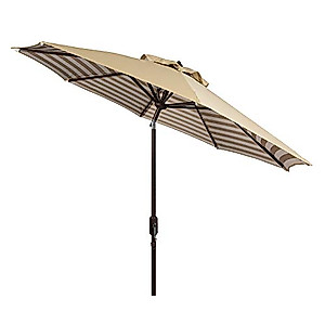 Safavieh PAT8007D Collection Athens Brown and White Inside Out Striped 9Ft Crank Outdoor Auto Tilt Umbrella