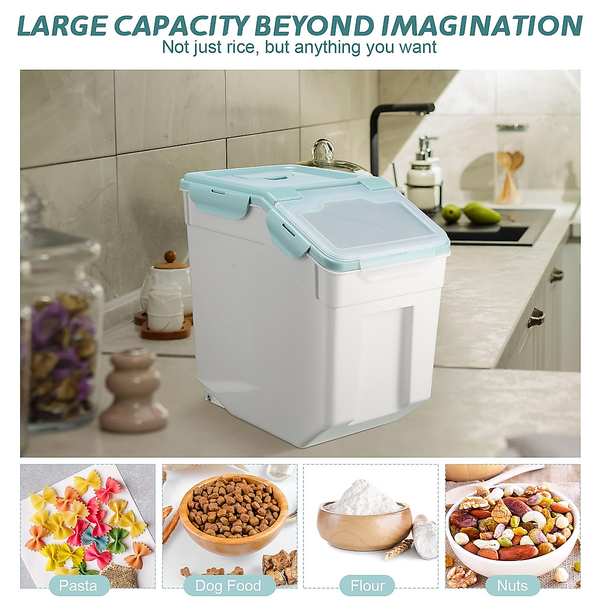 Sunnyray 4 Pcs 55 lbs Grain Rice Storage Container Blue Flour Bin with Wheels Cup Leak Proof Pet Food Storage Boxes Seal Locking Lid Plastic Rice Containers Set for Cereal Flour Cat Dog Food Kitchen