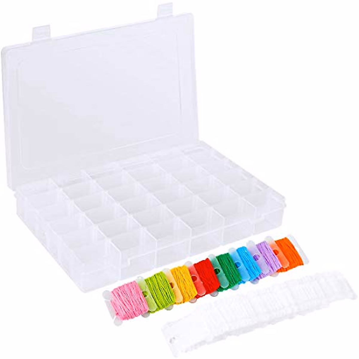 Onwon 100 Pieces Embroidery Thread Cards Cross Stitch Floss Bobbins and 36 Grids Plastic Storage Box Transparent Container for Thread Organizer Holder Earrings, Jewelry Making Tool, Beads