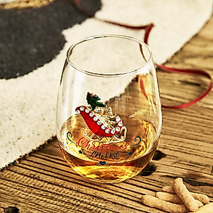 Crystal Christmas Santa's Sleigh Wine & Water Glasses - Set of 2, 17.5oz - Xmas Diamond New Years Santa Holiday Festive Theme Stemless Glass - New Year Holiday Gifts for Men Women Friend Family