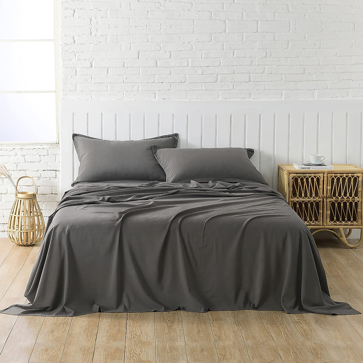 Charcoal Grey Linen-Textured Bed Sheets Set, Bamboo Rayon , Cotton , Linen Blend Bed Sheets Queen Size, Soft Cool & Breathable for Hot Sleepers,Durable Natural Organic Bed 15'' Deep Pocket - 4 Piece
