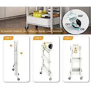 3 Tier Rolling Cart Foldable Storage Cart with Wheels No Assembly Request Kitchen Utility Organizer with Handing Cup, White