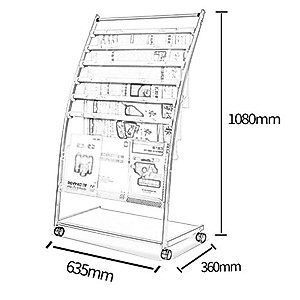 with Wheels Magazine Rack Newspaper Holder Book Shelf Storage Rack Metal Stratification Freestanding Display Rack Materials 63.5X36X108CM MUMUJIN