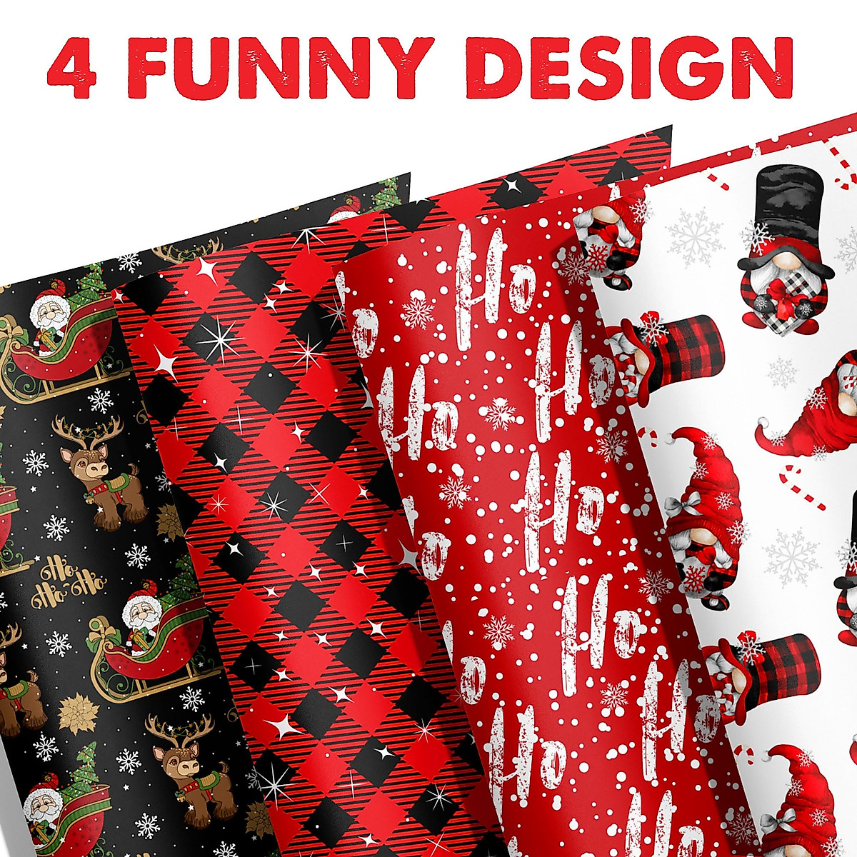 ZINTBIAL Christmas Wrapping Paper for Kids Adults - Xmas Jumbo Sheets with Red/Black Plaid, Santa, Reindeer, Gnome, and "Ho Ho" Designs - 29 x 42 Inches, 6 Jumbo Sheets - Recycled, Easy to Store, Not