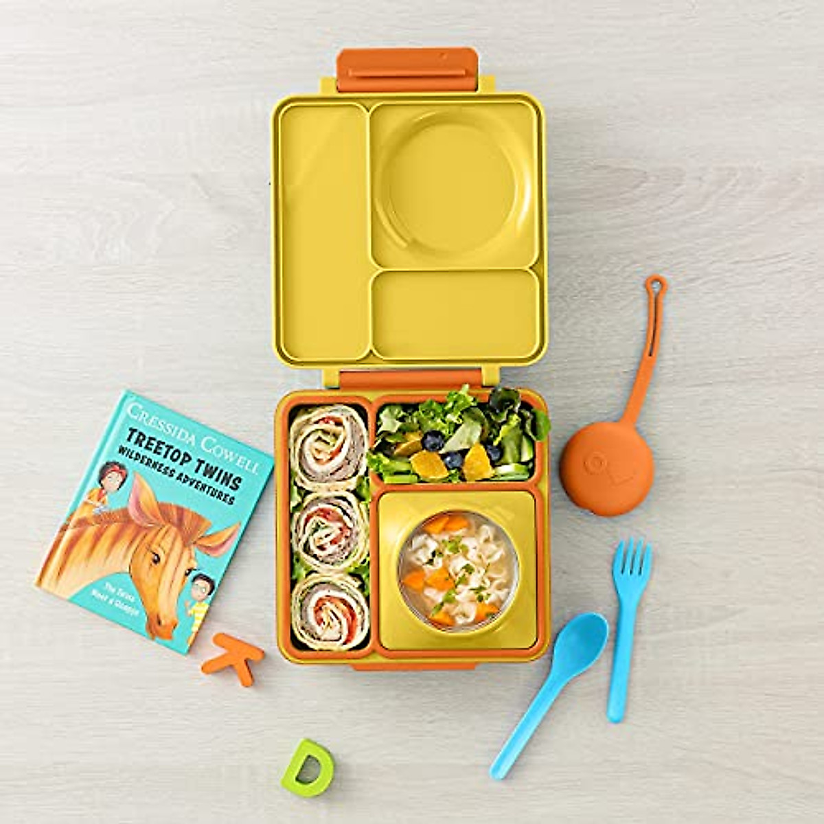 OmieBox Bento Box for Kids Insulated Bento Lunch Box with Leak Proof Thermos Food Jar, 3 Compartments + Yellow Blue Utensil Set with Case