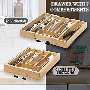 Bamboo Kitchen Drawer Organizer, Expandable Silverware Tray and Utensils Holder, Wooden Cutlery Tray with Grooved Divider for Flatware Spoon Fork Knives Storage