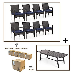 PHI VILLA 9 Pieces Patio Dining Set for 8, Rattan Wicker Chairs and E-Coating Expandable Rectangular Metal Table, Outdoor Dining Table and Chairs Furniture for Backyard Deck Garden Porch