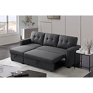 Devion Furniture L-Shape Linen Sleeper Sectional Sofa for Living Room, Home Furniture, Apartment, Dorm Sofabed, Dark Gray