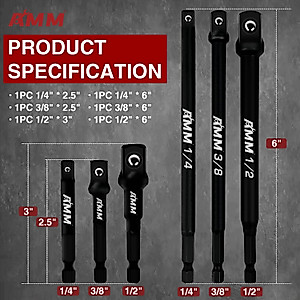 AMM 6-Piece Impact Grade Socket Adapter Set, 3-Inch & 6-Inch Power Drill Socket Driver Adaptor, 1/4", 3/8", 1/2" Hex Shank Adapt Your Power Drill To High Torque Impact Wrench