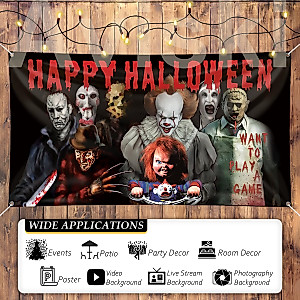 Horror Movie Classic Character Backdrop Banner, 78 × 43inch Halloween Party Background Large Backdrops Classic Movie Chainsaw Clown Horror Movie Supplies for Indoor Outdoor Photo Booth Props