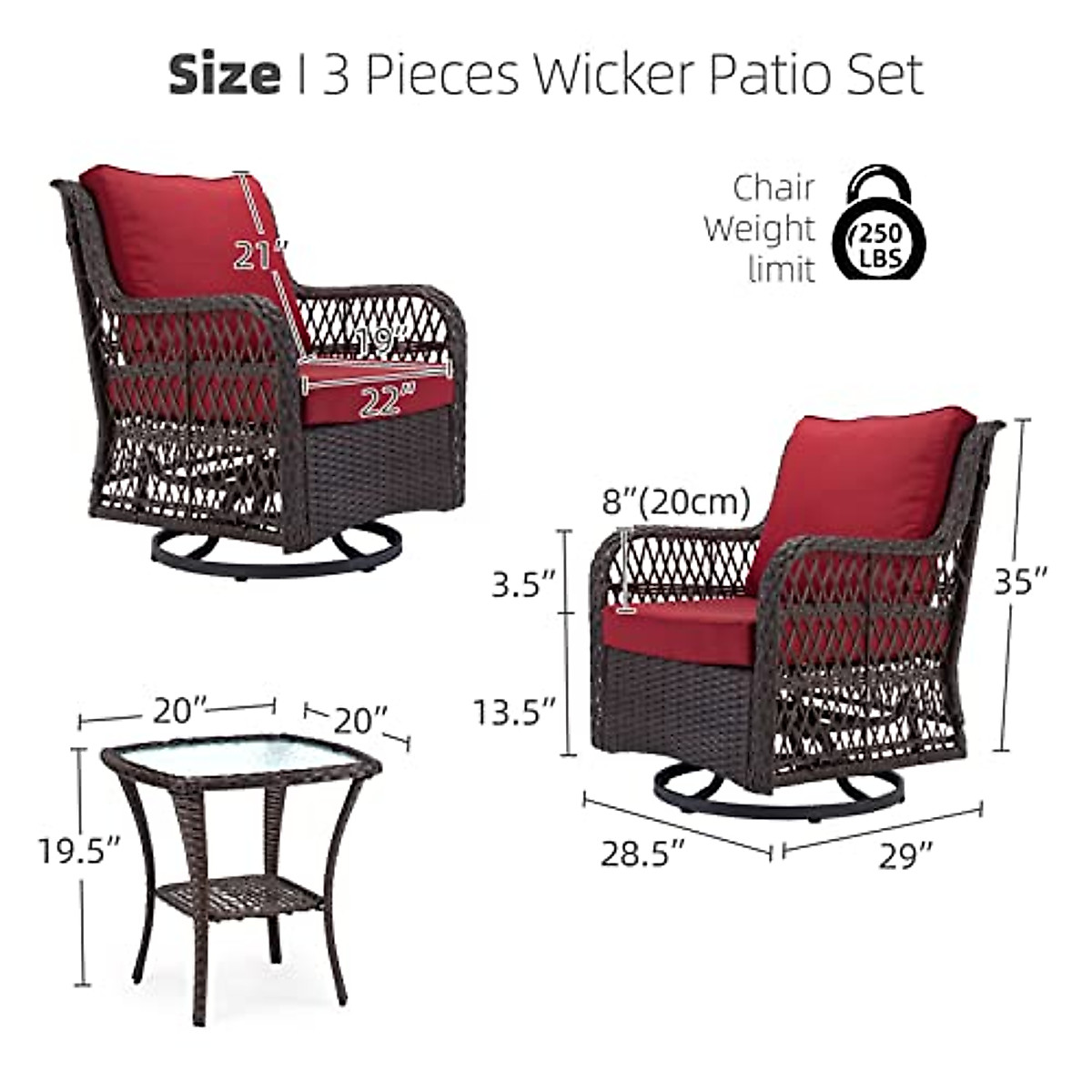 coucheta Indoor Wicker Swivel Rocking Chair Sets with End Table, Leisure Patio Furniture Set for Living Room, Balcony, Garden and Patio (A, Rust)