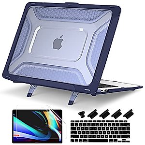 Batianda Protective Case for MacBook Air 13 inch 2021 2020 Release A2337 M1 A2179 A1932 with Touch ID,Heavy Duty Honeycomb Hard Shell with Slim TPU Bumper and Fold Kickstand & Keyboard Cover,Navy Blue