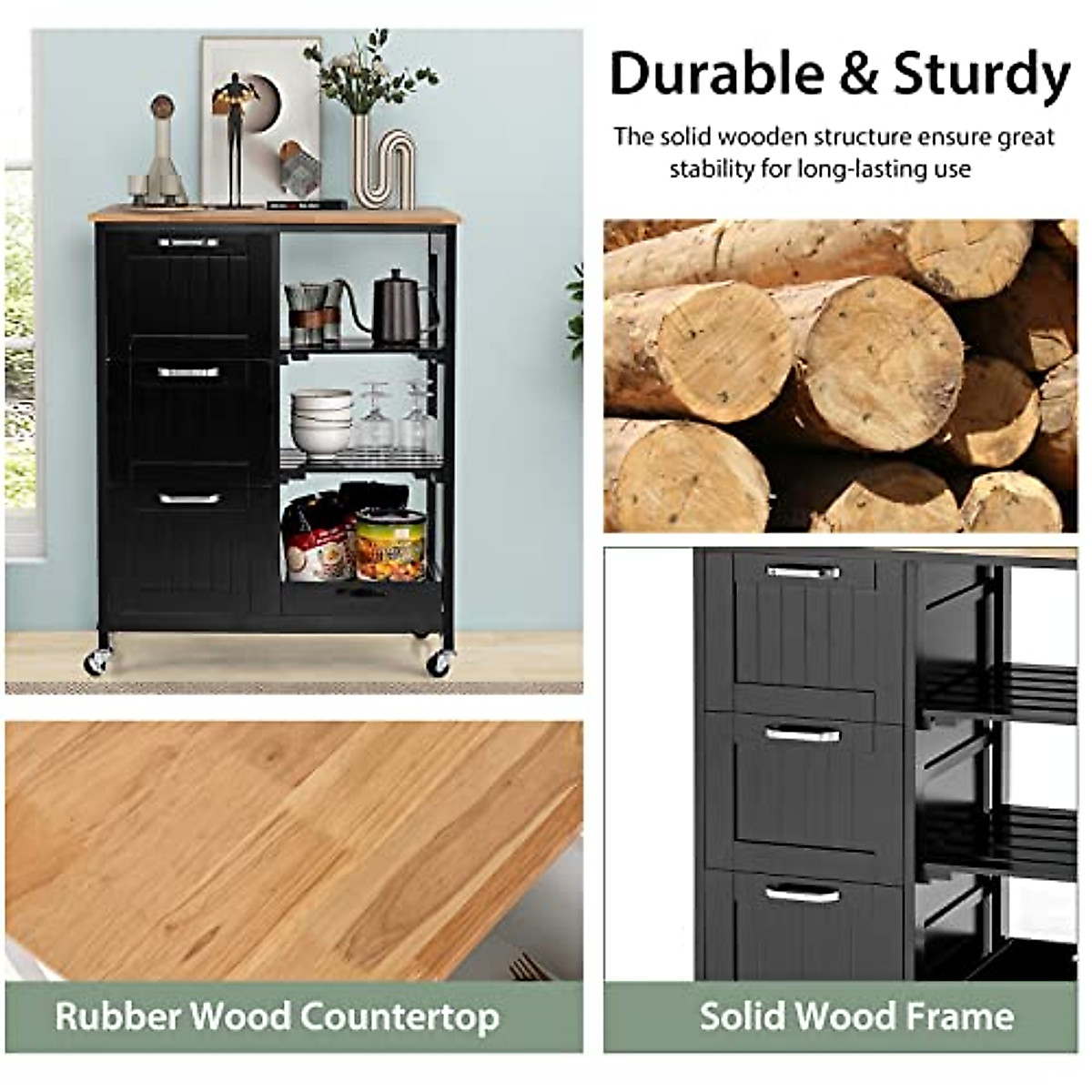 GOFLAME Kitchen Island Cart on Wheels with Storage, Versatile Rolling Cart with Wood Countertop, 3 Drawers, Removable Tray & Lockable Casters, Mobile Serving Trolley for Kitchen, Dining Room, Black