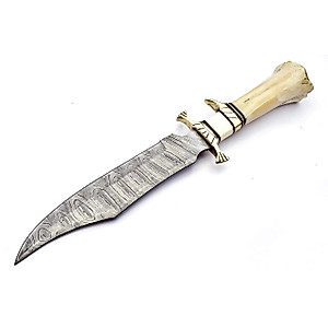 HandSmith™ 15" Handmade Damascus Steel Hunting Knife, Hand Forged Damascus Steel Fixed Blade Bowie Knife, Genuine Leather Sheath, Camel Bone Handle Firm Grip (White)