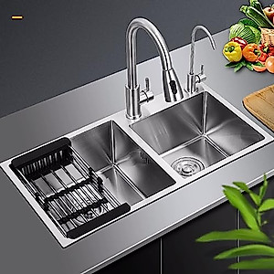 Catering Sink Commercial Stainless Steel Double Bowl Unit,Household Undermount Sink,with Pull-Out Faucet, Clean Water Faucet