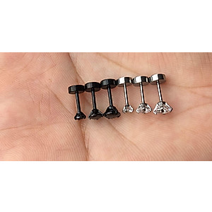 NewZenro 3 Pairs 20g 18g Stainless Steel Clear Black Cubic Zirconia Stud Earrings for Women Men Cartilage Ear Piercings Helix Tragus Set Flat Screw Backs 3mm 4mm 5mm (18g)