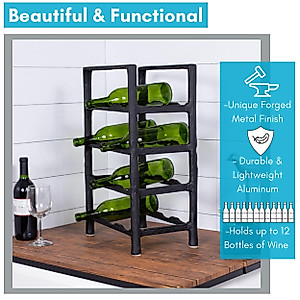 BIRDROCK HOME 12 Bottle Wine Rack - Free Standing Stand - Kitchen Countertop - Black Forged Metal - Vertical Shelf Storage Cabinet - Holder