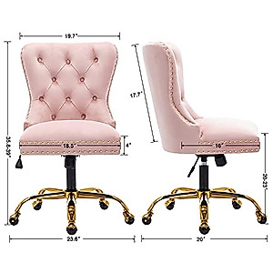 ZHENGHAO Velvet Vanity Chair with Gold Swivel Base, Upholstered Tufted Accent Office Desk Chair, Adjustable Armless Task Chair for Women Living Room Bedroom Makeup, Blush Pink