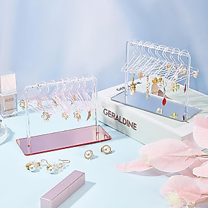 FINGERINSPIRE 2 Sets Acrylic Earring Holder with Mini Hangers Sliver/Pink 32 Holes 96 Slots Coat Hanger Shape Earring Display Stand with Mirrored Base Jewelry Storage Rack for Show, Photography Props