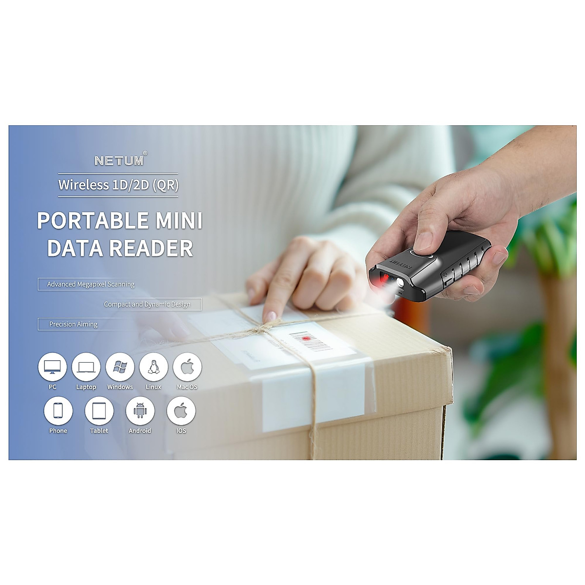 NETUM Bluetooth 2D Barcode Scanner, 3-in-1 Small Portable QR Bar Code Reader Automatic Wireless Gun Scan Back Clip Work with Tablet iOS Android Windows MacOS for Warehouse Inventory POS - E800