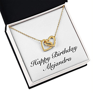 Happy Birthday Alejandra - 18K Yellow Gold Finish Interlocking Hearts Necklace Personalized Name