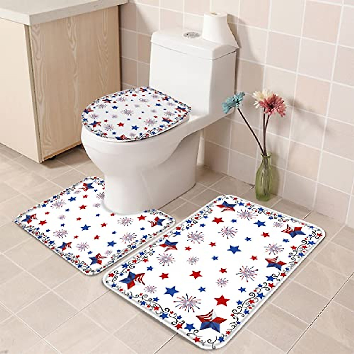 Wotrend 4th of July 3 Piece Bath Rugs Set Fireworks Patriotic Stars Farmhouse Bathroom Mats Absorbent Contour Soft Mat Toilet Lid Cover Bathroom Decor Set, 20"x32"+16"x18"+16"x20"