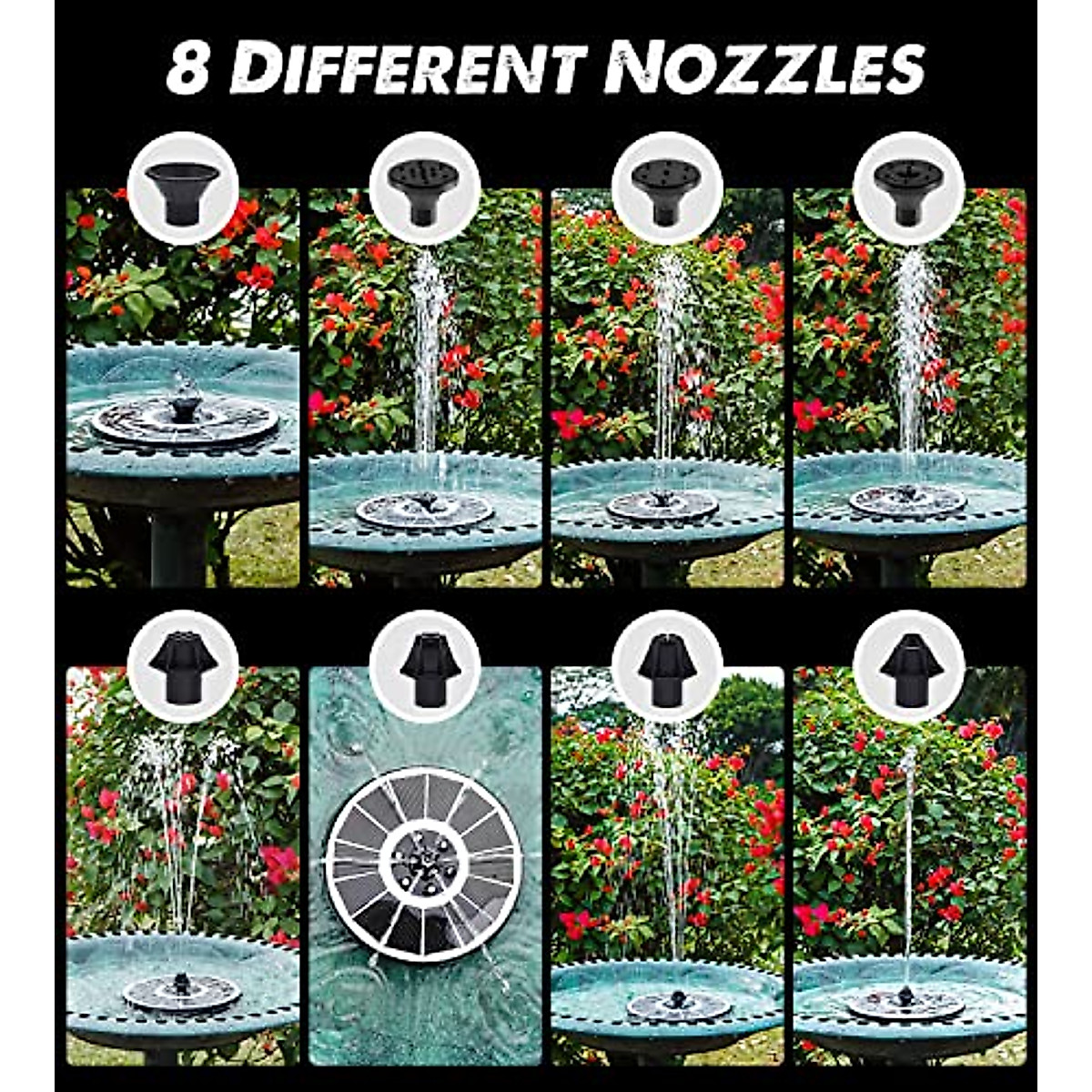 Yzert 3.5W Solar Fountain with Light Full Glass Panel, Solar Bird Bath Fountains with 8 Nozzles & 4 Fixed Rods, Floating Solar Water Fountain for Garden,Pond, Pool, Outdoor(White)