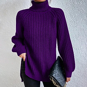 Oversized Sweaters for Women Loose Fit Long Sleeve Tops Dressy Casual Turtleneck Sweaters Pullover Womens Fall Fashion 2023 Trendy Chunky Knitted Plus Size Blouses Winter Clothes(4A-Dark Purple,Large)