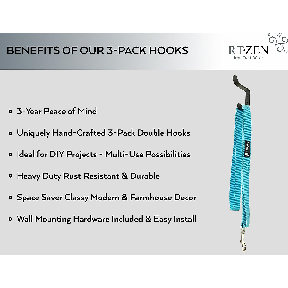 RTZEN Black Wrought Iron Wall Mounted Towel Holders and Coat Hooks Set - Handcrafted Classic Farmhouse Multipurpose Hanging Pieces for Home - Hand Towel Bar, Bath Towel Bar and 3 Pack Double Hooks