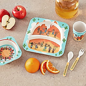 5 Piece Kids Dinnerware Set, Western Cowboys Themed Kids Utensils Set, Bamboo Fiber Plate, Bowl & Cup, Lightweight & Shatterproof Toddler Feeding Set, Children Safe Kitchen Set, Fun Toddler Utensils