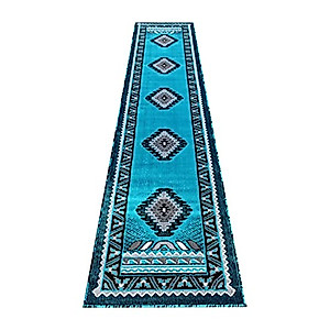 Flash Furniture Ventana Collection Southwestern Accent Rug - Low Pile Turquoise Olefin Rug - 2 x 10 Area Rug - Jute Backing - Hallway, Entryway, Bedroom, Living Room
