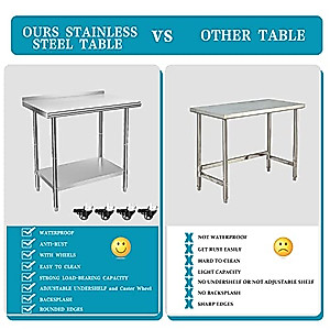 Lafati Stainless Steel Food Prep Table - 24x30 Commercial Work Table Heavy Duty with Casters, Backsplash, Adjustable Undershelf for Restaurant, Kitchen, Hotel, Warehouse (24 * 30 * 34)