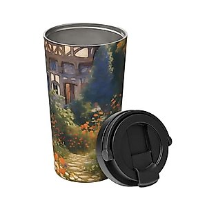 GTKSYNVE Reusable Coffee Mug with Lid and Handle, Cottage Garden Tumbler for Hot & Cold Drinks 16oz Stainless Steel Insulated Coffee Tumblers Double Wall Vacuum Thermal Cup