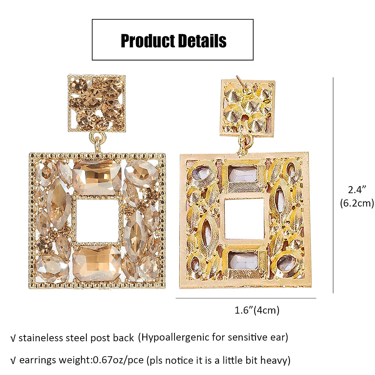 ATIMIGO Trendy Chamgange Rhinestone Square Dangle Earrings Sparkly Crystal Geometric Drop Statement Earrings hypoallergenic for Women