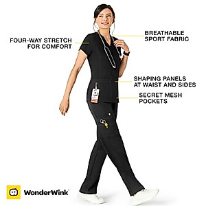 WonderWink Womens Four -Way Stretch Sporty V-Neck Top Medical Scrubs Shirts, Black, X-Large US